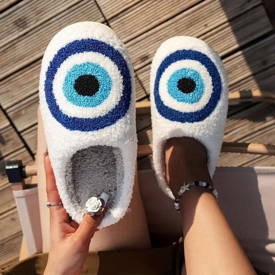 Evil Eye Plush Slippers Cozy White Fuzzy Indoor House Shoes For Women ...