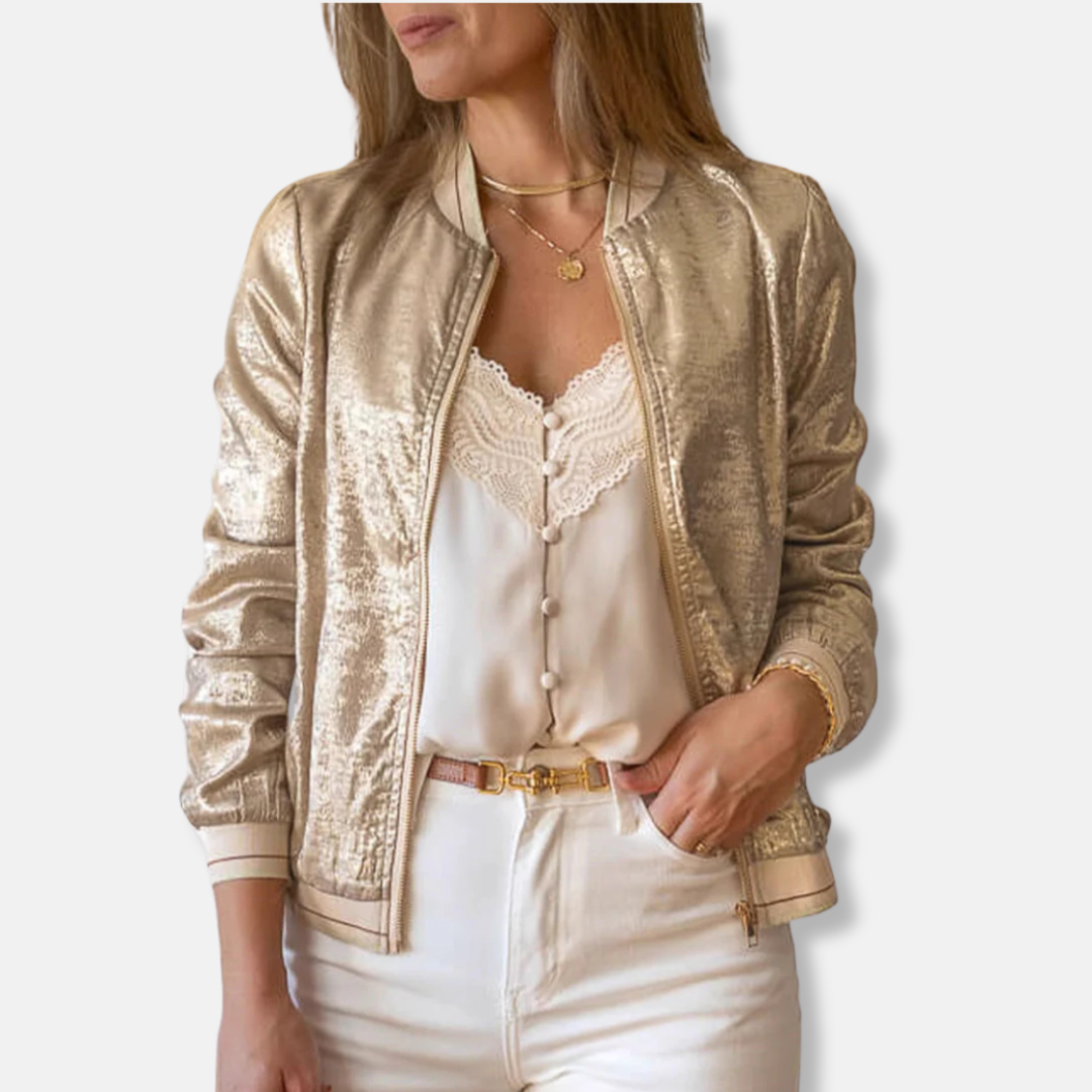 Women’s Bomber Jacket – Shiny Textured Finish – Relaxed Fit – Ribbed T ...