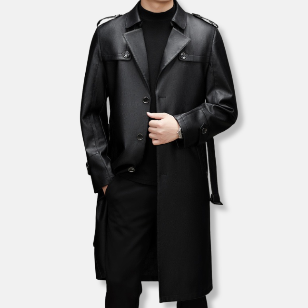 Mens Leather Trench Coat Slim Fit Single Breasted Epaulet Shoulder Det ...