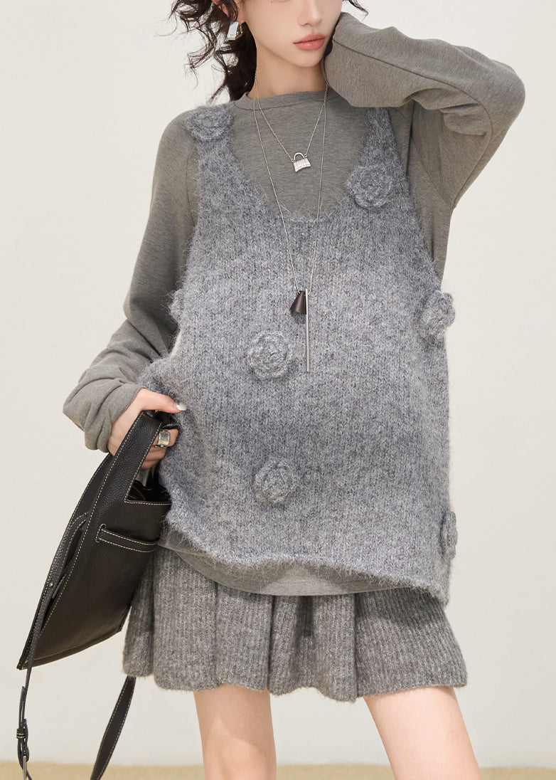 Wavlynn Art Grey Oversized Floral Knit Vest For Women Cozy Winter Laye