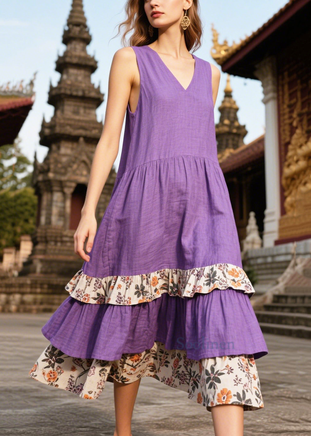 Purple Patchwork Linen Sundress By Wavlynn Oversized Boho Style For Wo