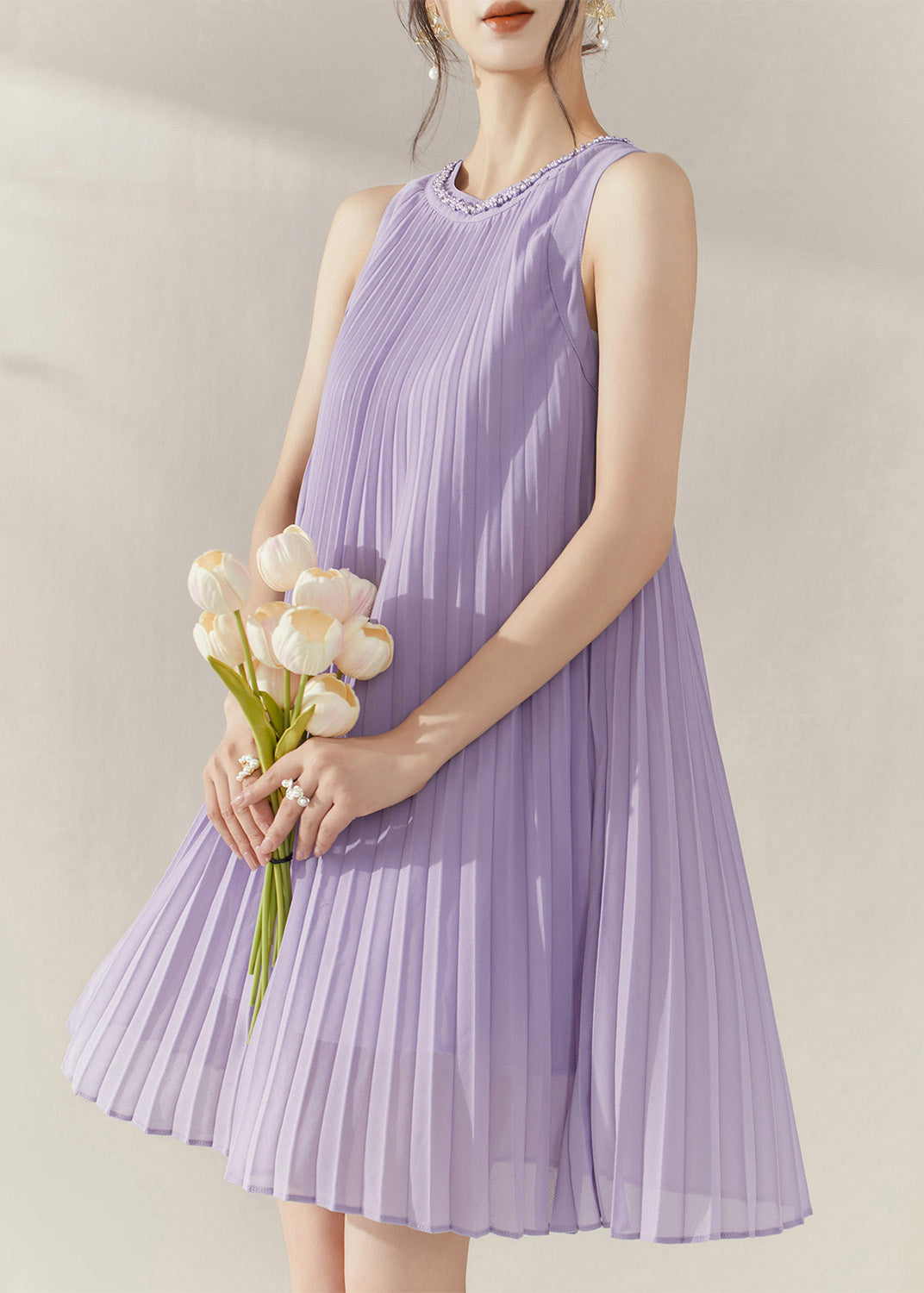 Robe mi-longue en mousseline froissée violette style bohème à col rond ...