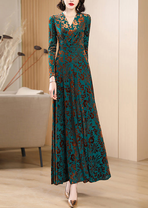Robe longue en velours de soie imprimé vert col V, collection automne ...