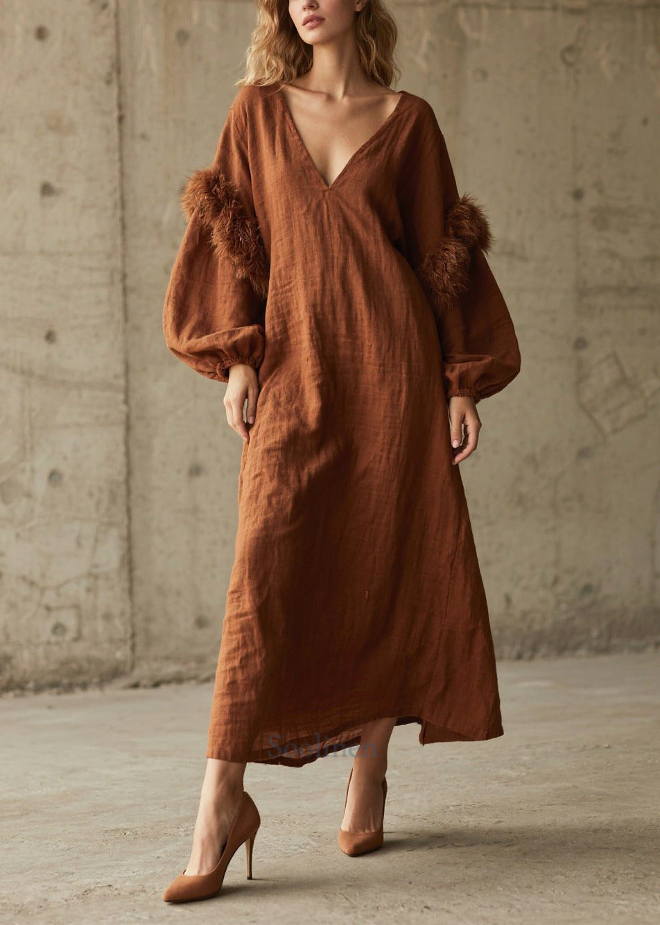 Robe longue en coton et fausse fourrure patchwork caramel, col en V, a ...