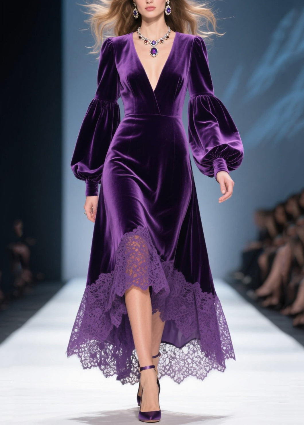 Robe de chambre élégante en velours de soie violet à col V patchwork e ...