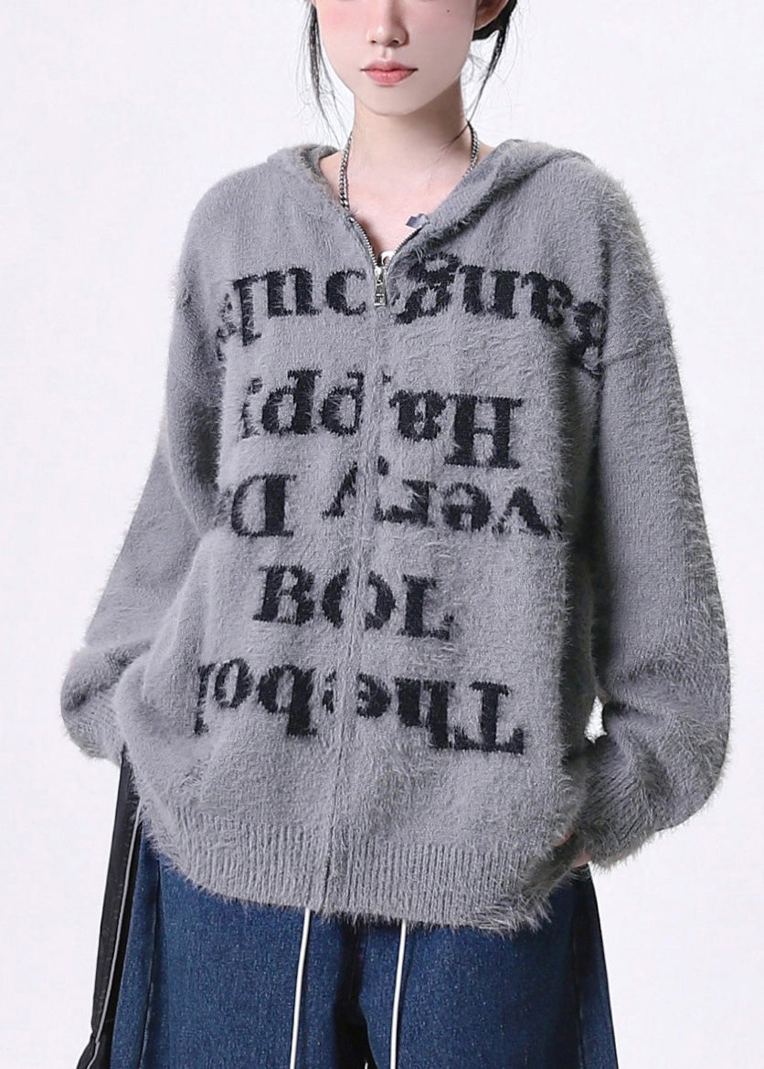 Manteau à capuche surdimensionné gris en tricot imprimé lettres DIY po ...