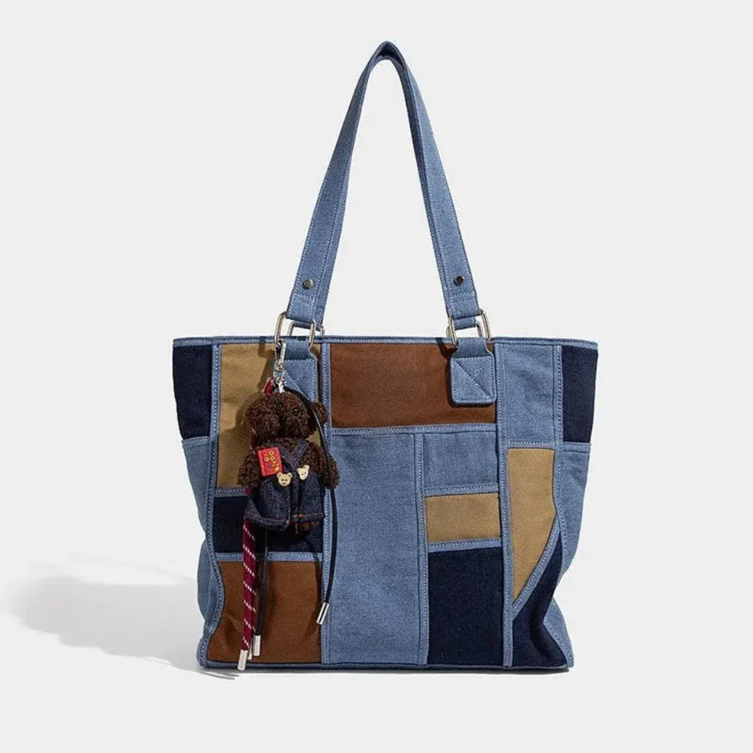 Wavlynn Denim Patchwork Tote Bag - Multi-Toned Denim Panels, Roomy Int
