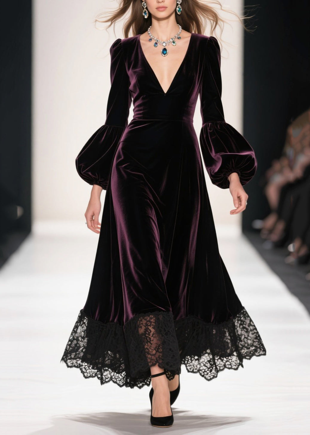 Robe longue en velours de soie patchwork violet terne, décolleté en V ...