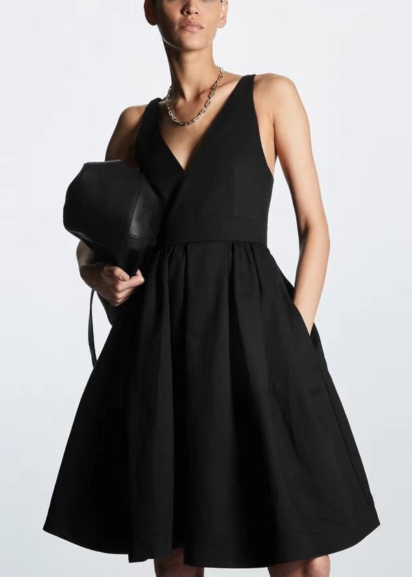 Wavlynn Black Linen Summer Evening Dress With Extra Wide Hem Pockets B