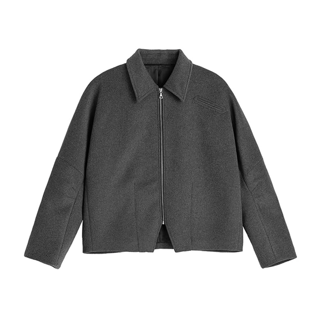 Wavlynn Woolly Gray Wool Blend Jacket With Zip Front And Sharp Lapel F