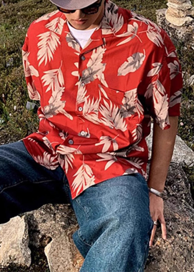Loose Red Peter Pan Collar Shirt For Men With Palm Leaf Print Cotton B ...