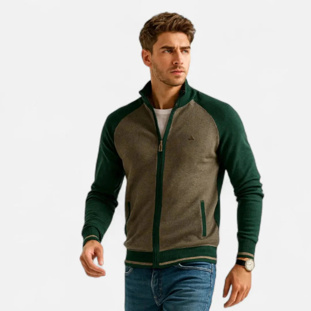 Men's Color Block Raglan Sleeve Knit Zip Up Jacket With Stand Collar A ...