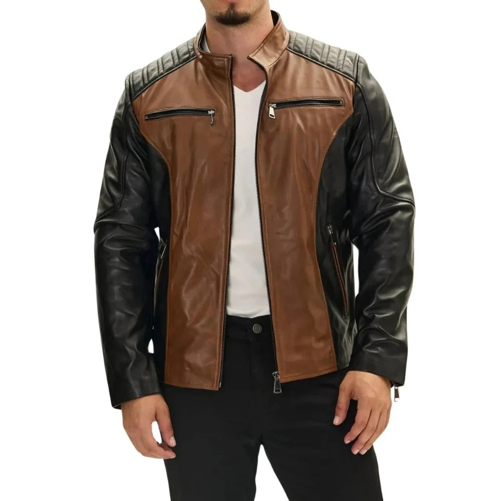 Wavlynn Roadster Two Tone Leather Jacket For Men Lambskin YKK Zipper P