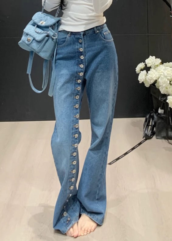 Pantalon droit en denim bleu moderne à boutons asymétriques taille hau ...