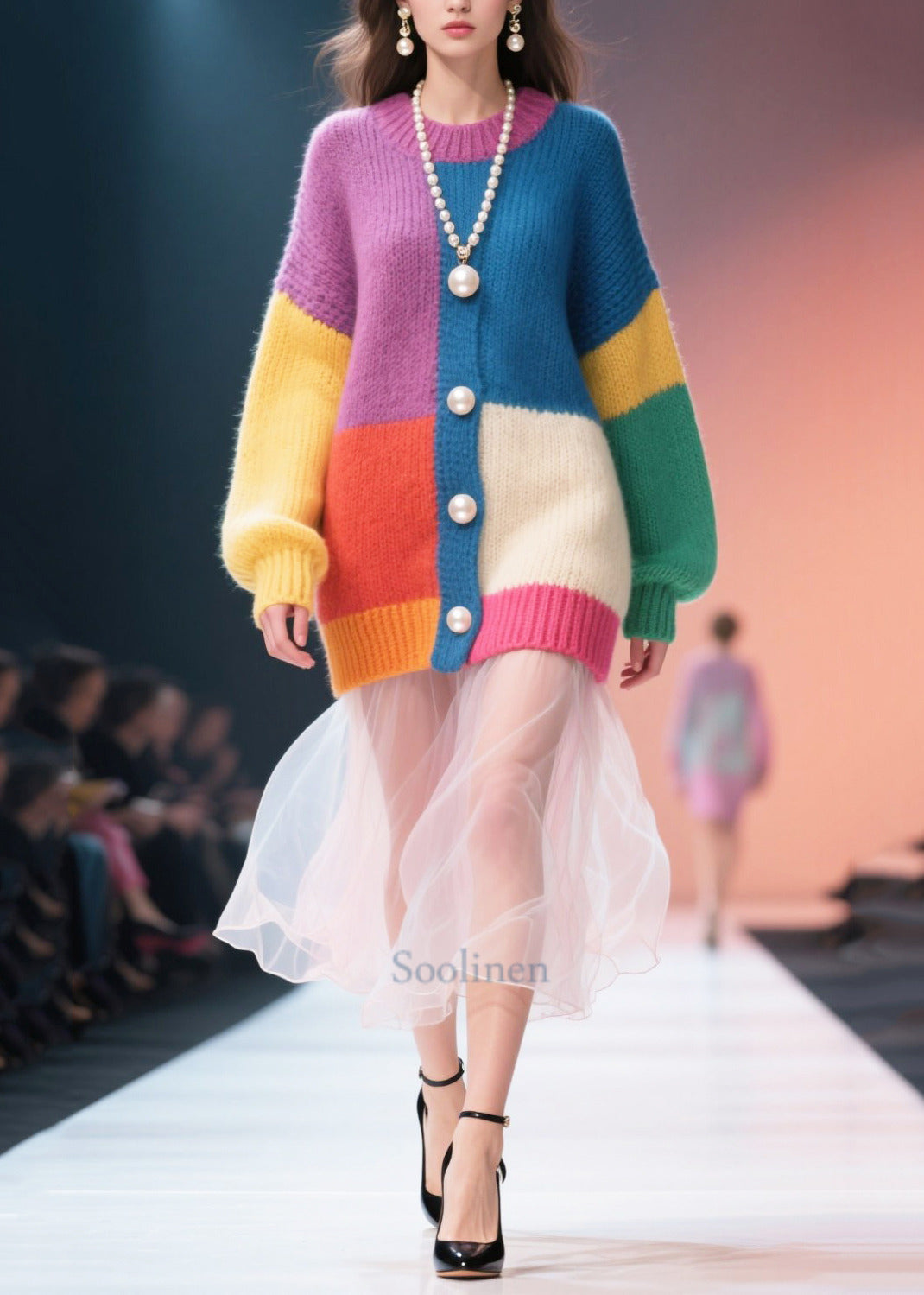 Wavlynn Modern Patchwork Pearl Knit Dress With Colorblock Winter Warmt