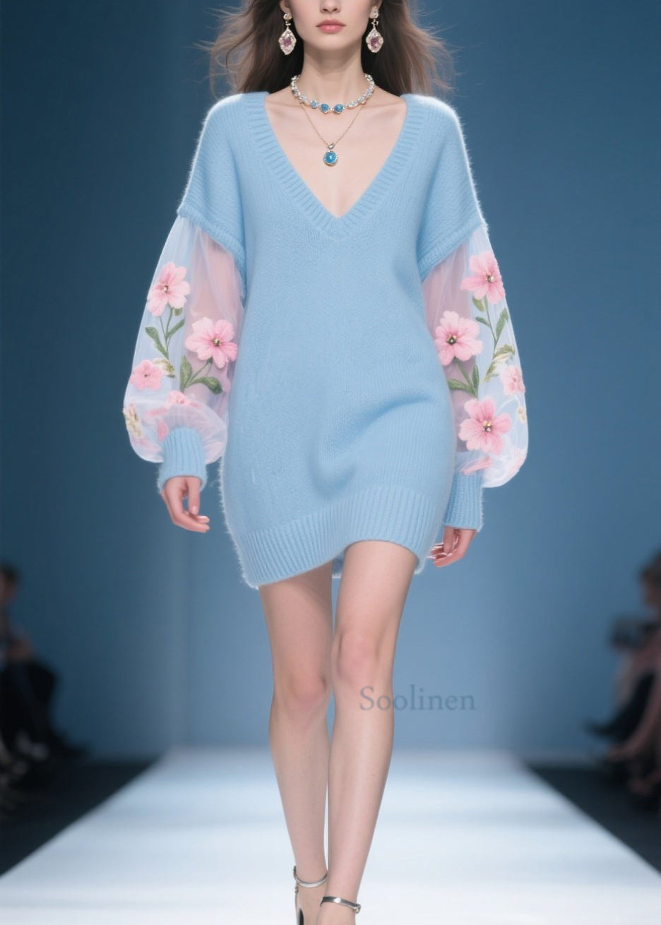 Blue Floral Patchwork Knit Dress V Neck Cozy Autumn Womens Fashion Wav ...