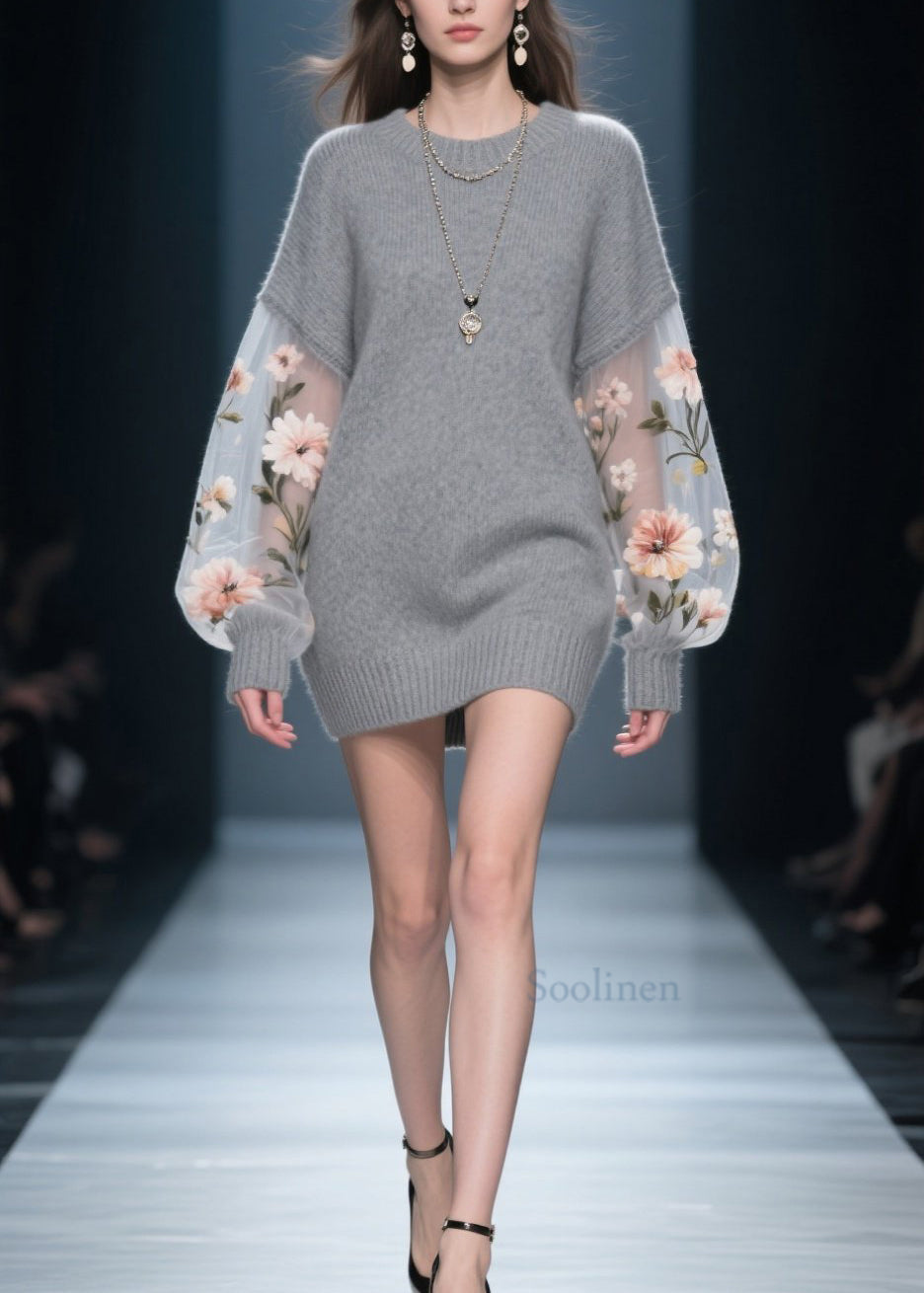 New Wavlynn Patchwork Knit Dress With Grey Tulle Sleeves For Women Fal