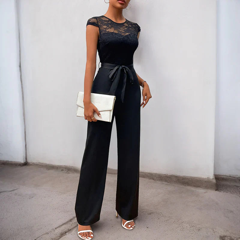 Women’s Jumpsuit – Tailored Fit – Lace Bodice – Wide Leg – Belted Wais ...