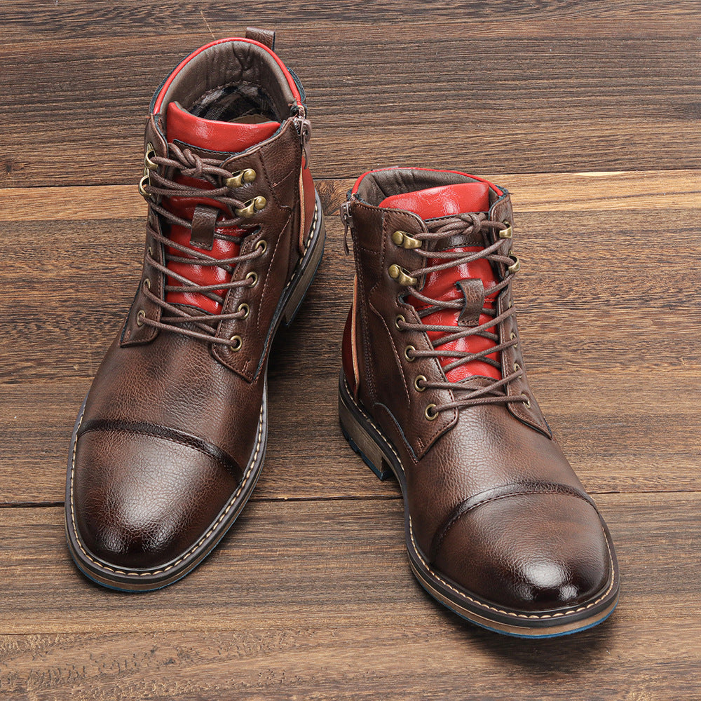 Mens Leather Cap Toe Boots With Lace Up Side Zip And Padded Ankle Coll ...