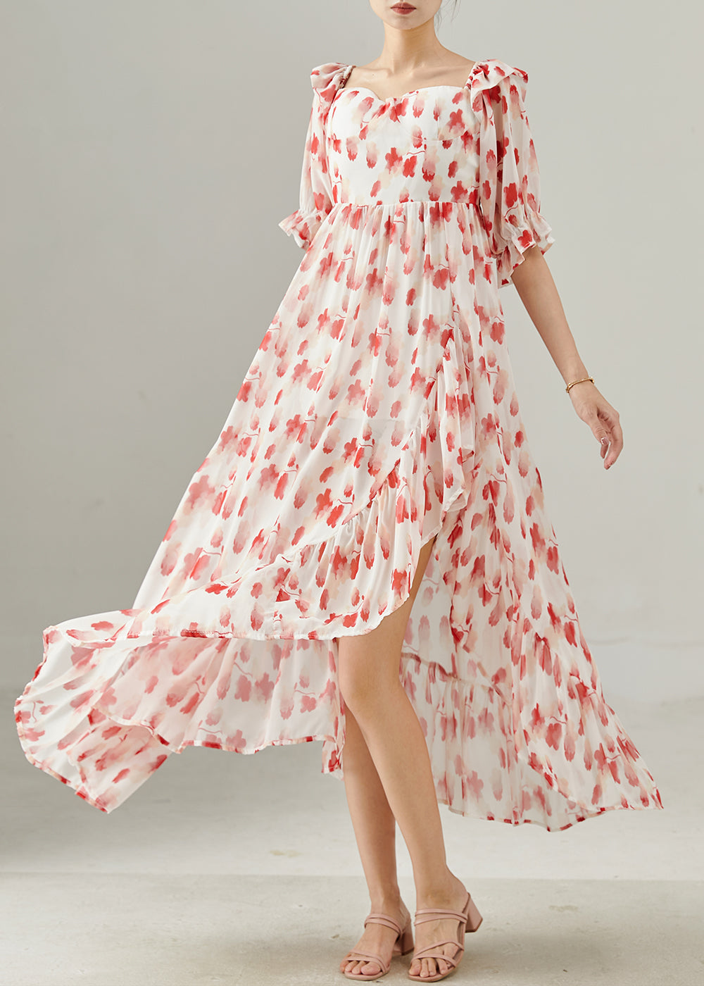 Robe longue en mousseline de soie à imprimé rouge, col carré, été – Wavlynn