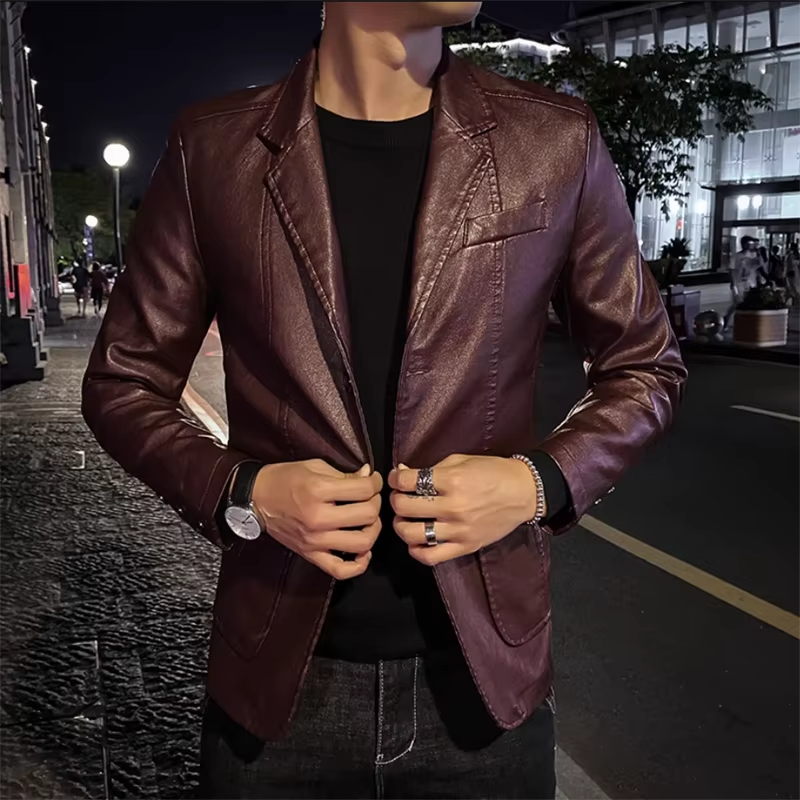 TrendAura Men's Business Casual Leather Jacket With Suit Collar Slim F ...