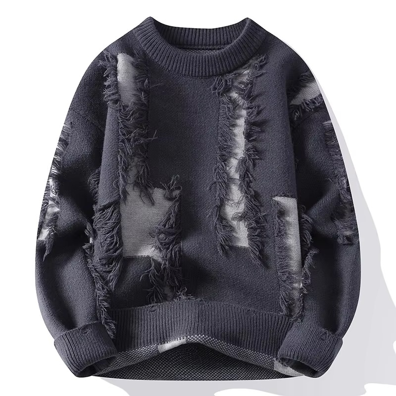 Men's Ripped Knit Sweater Loose Fit Crew Neck Pullover – Wavlynn