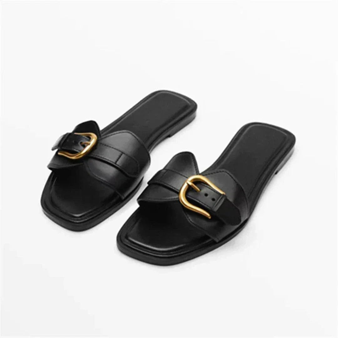 Savannah Buckle Square Toe Flat Slides – Wavlynn