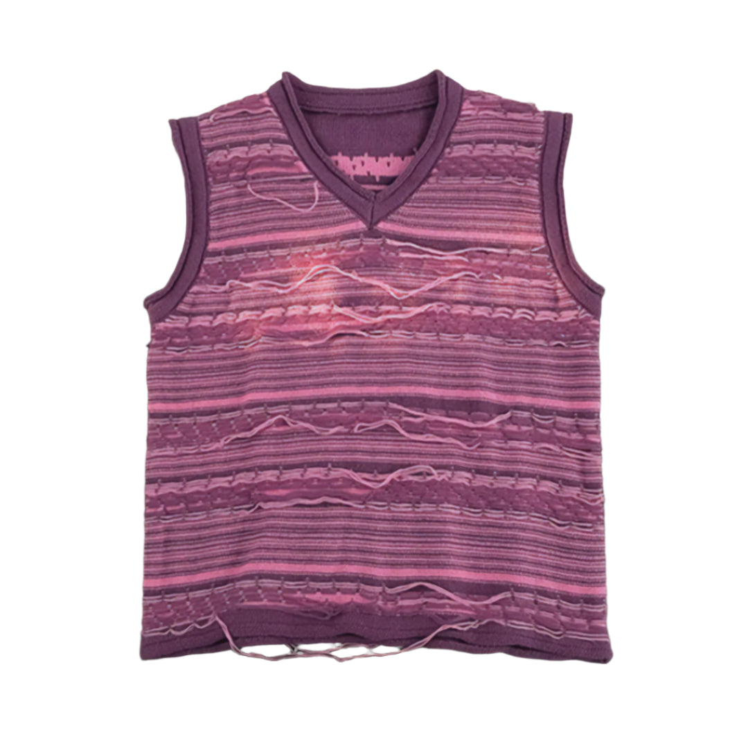 Purple Frayed Knit Vest With Distressed Detailing V Neck Sleeveless Me ...