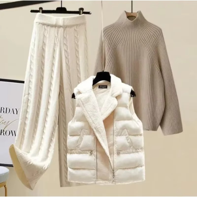 Wavlynn Cozy Knit Three Piece Sweater And Wide Leg Pants Set For Women