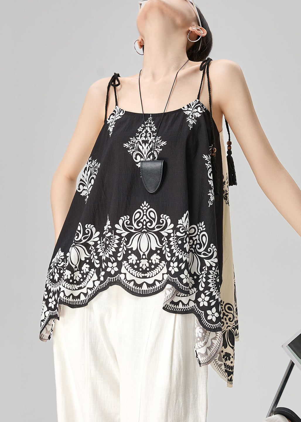 Cotton Spaghetti Strap Tank Top With Unique Black Print On Both Sides ...