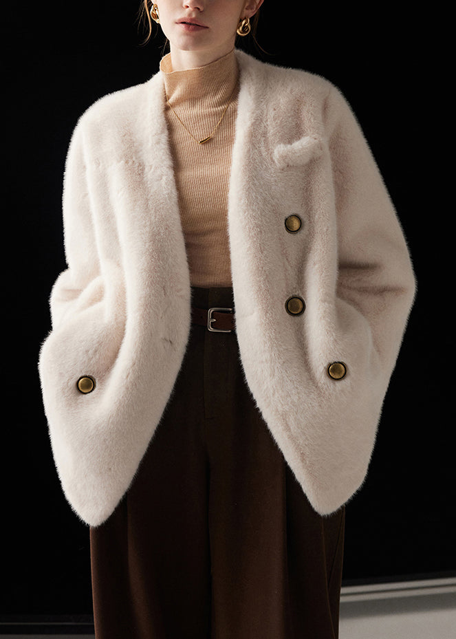 Manteau d'hiver en vison blanc à double poche poitrine et col en V ...