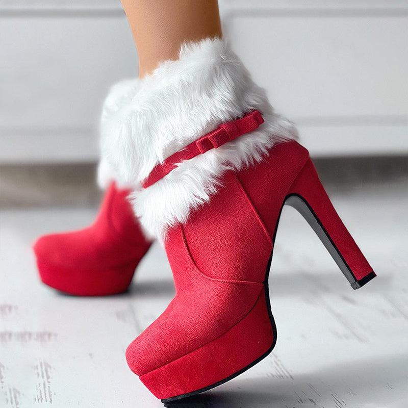 Women’s Festive High-Heel Boots with Fur and Bow Accent – Wavlynn