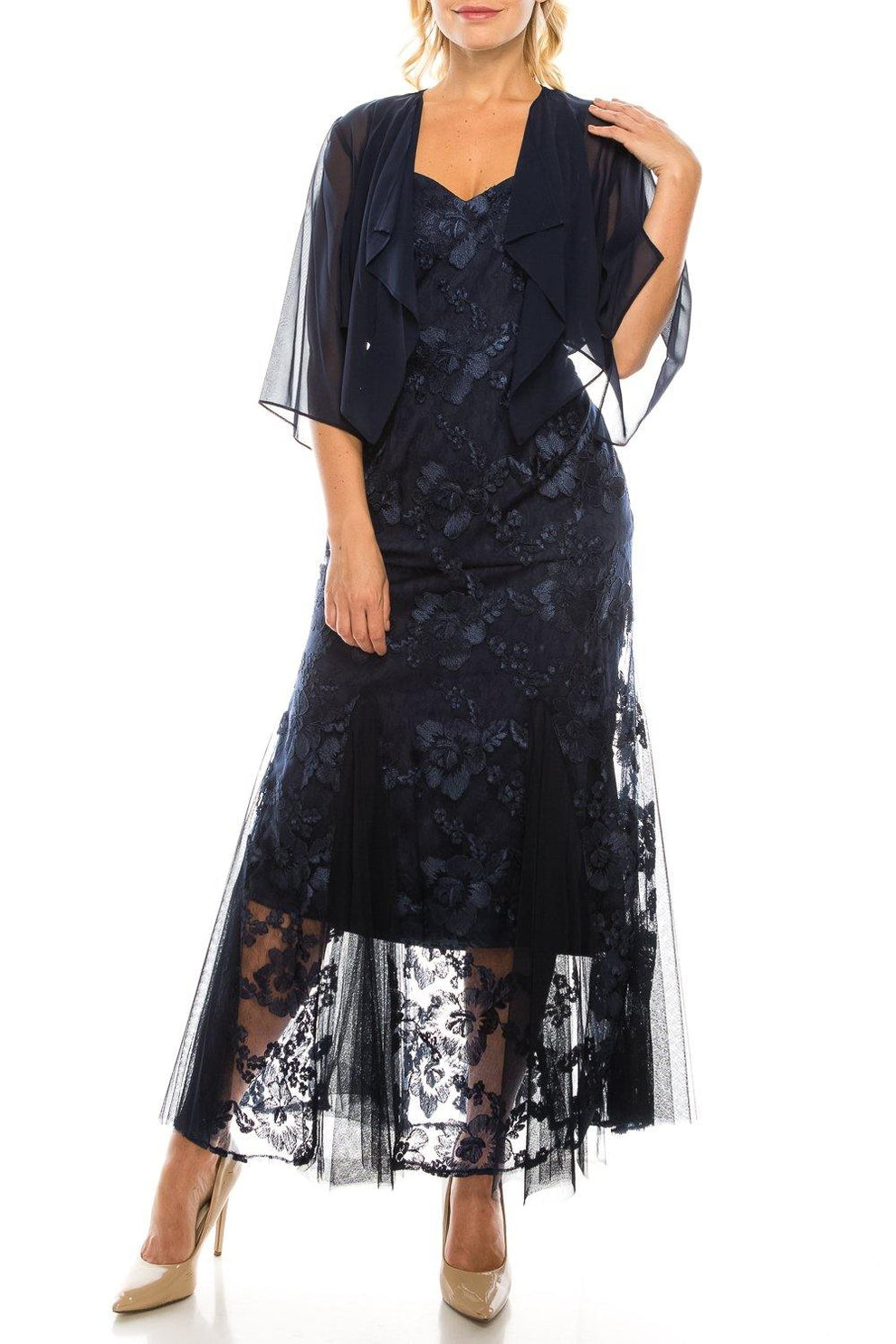 Alex Evenings 8217899 Long Formal Chiffon Jacket Dress - Blue Embroide ...