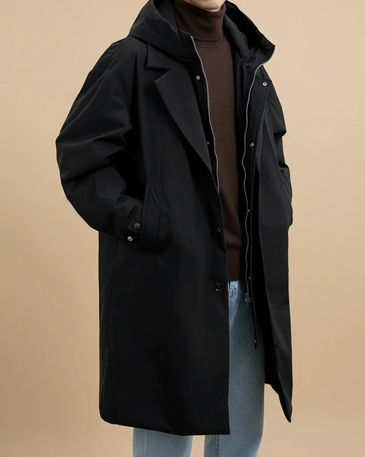 Wavlynn Men's Waterproof Hooded Overcoat Long Olive All Weather Coat W