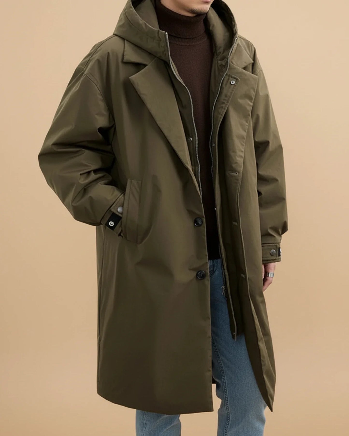 Wavlynn Men's Waterproof Hooded Overcoat Long Olive All Weather Coat W