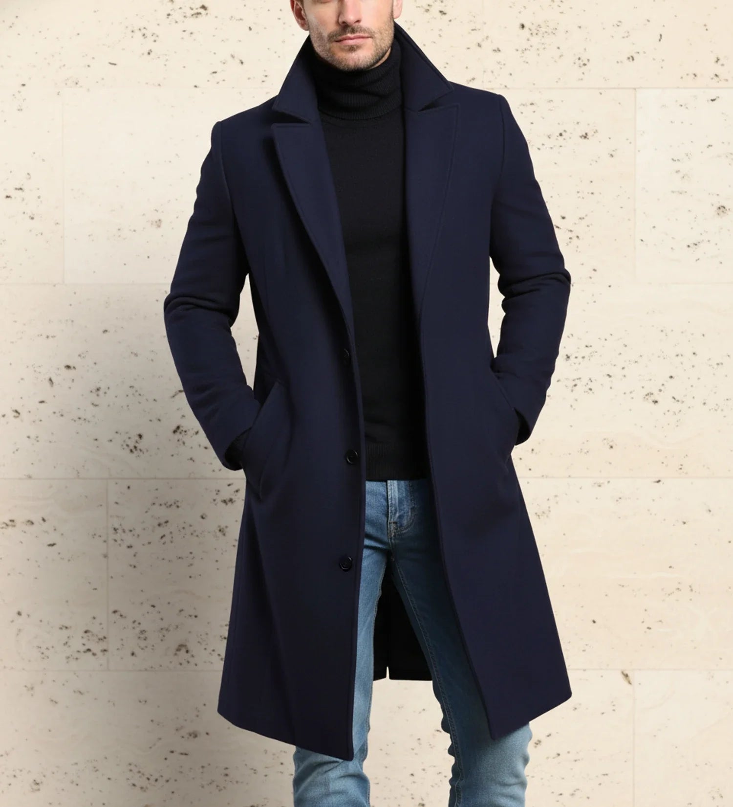 Wavlynn Mens Notch Lapel Overcoat Long Single Breasted With Button Fro