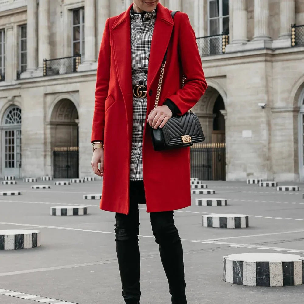 Womens Red Wool Coat Single Breasted Premium Wool Blend Warmth With Pl ...
