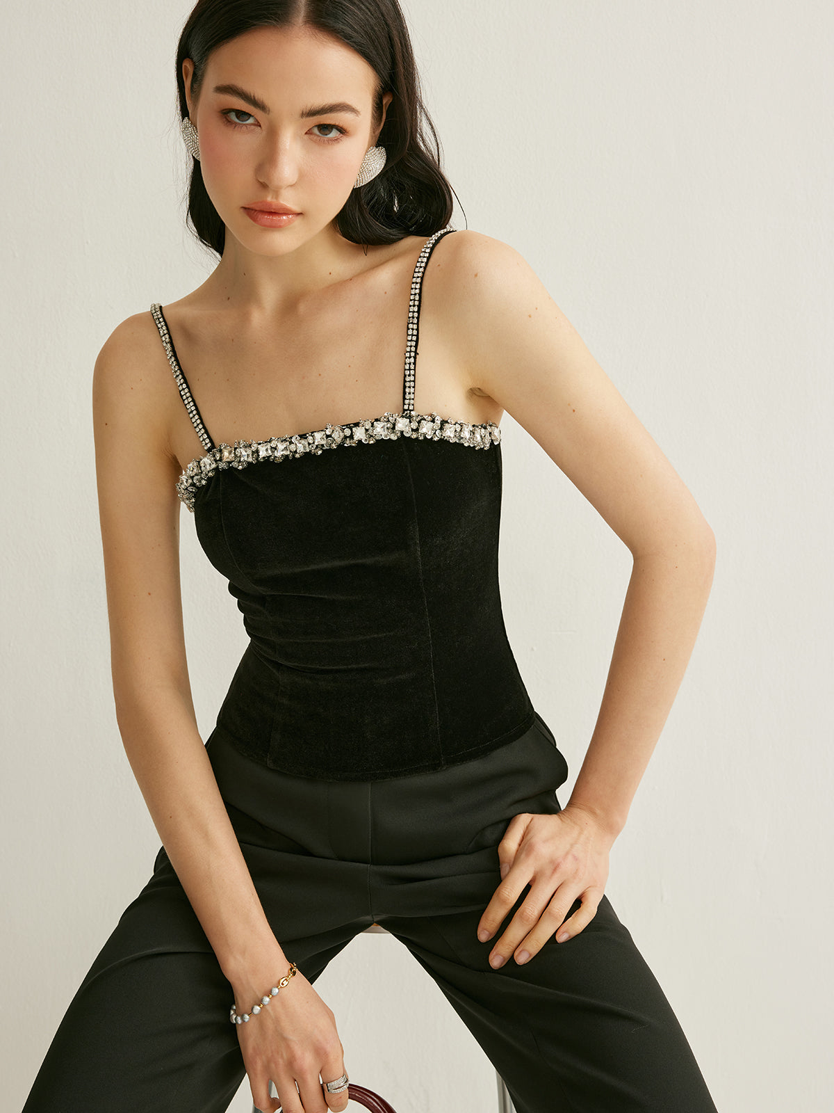 Rhinestone-Embellished Velvet Cami Top – Wavlynn