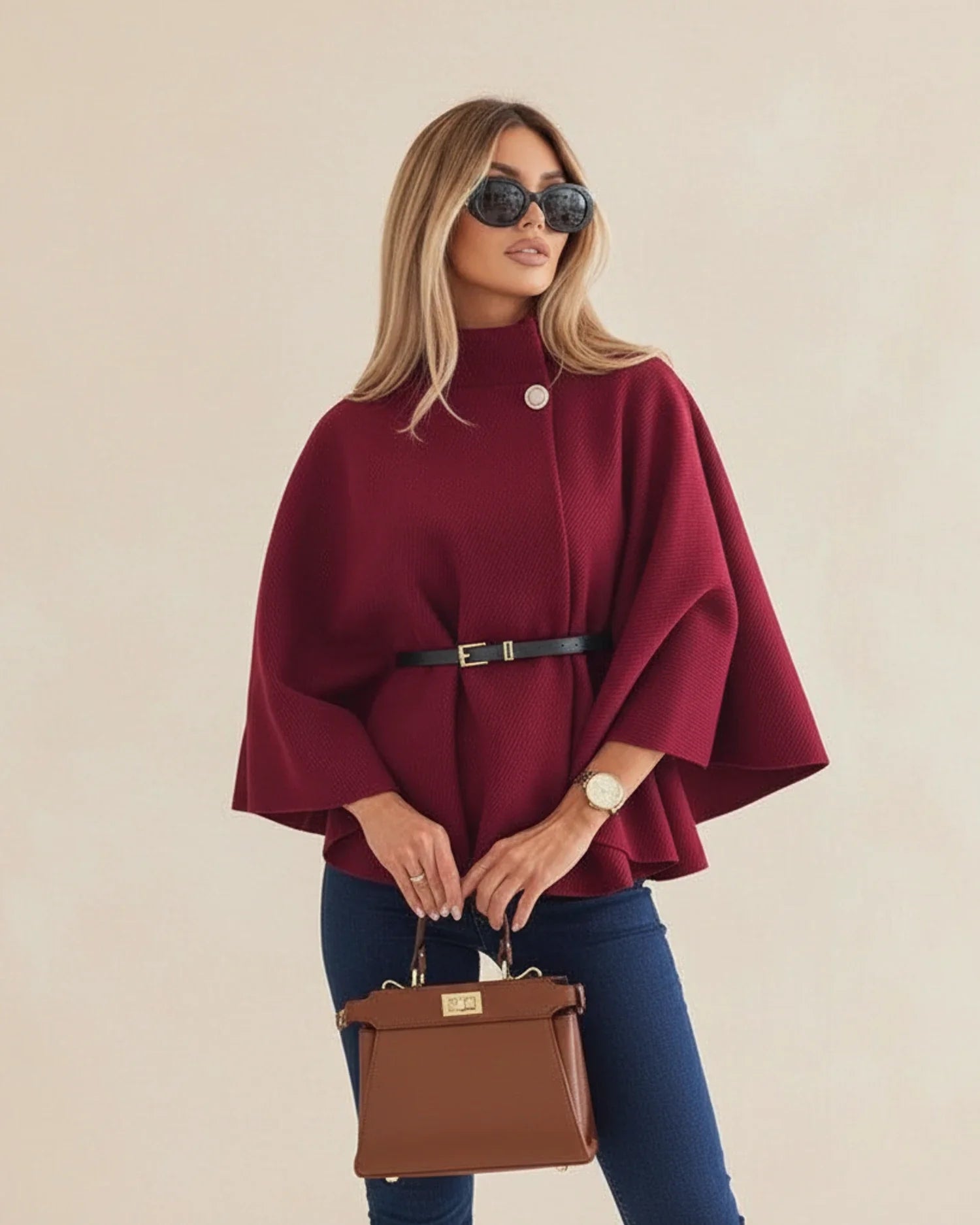 Wavlynn Belted Cape Jacket For Women With Funnel Neck And Flattering S