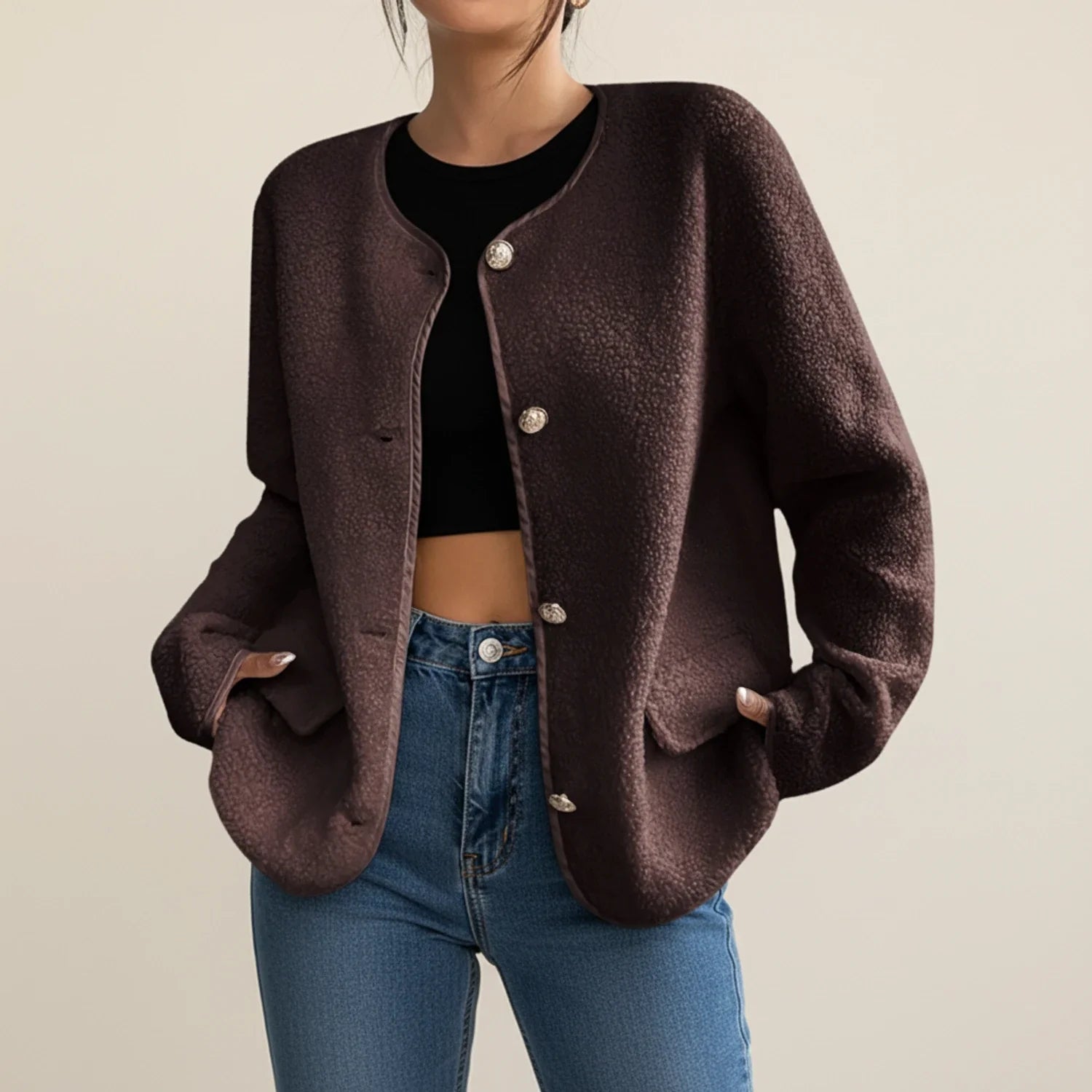 Wavlynn Collarless Tweed Jacket for Women Button Front Relaxed Fit Pat